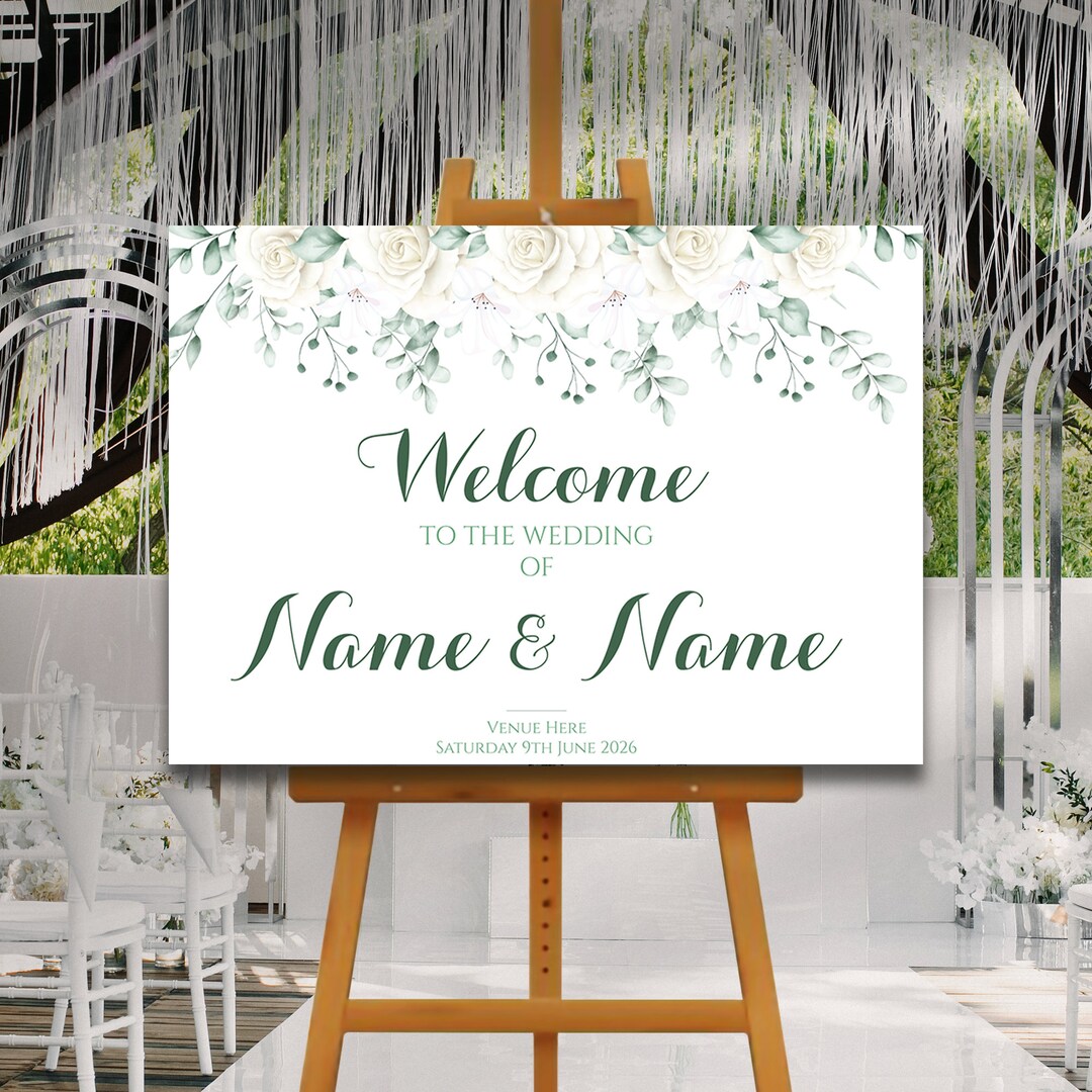 WHITE ROSES Welcome Sign, Printed Sign A1 A2 A3 A4, Welcome Sign Order ...
