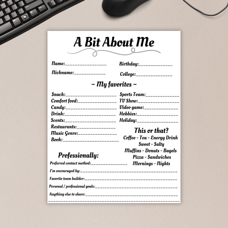 Onboarding Employee Questionnaire All About Me Printable, Getting to ...