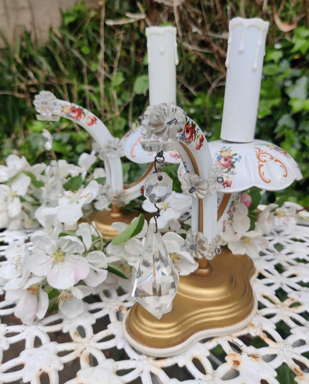 Vintage Pair Cottagecore Crystal Floral Lamps Pretty - Etsy