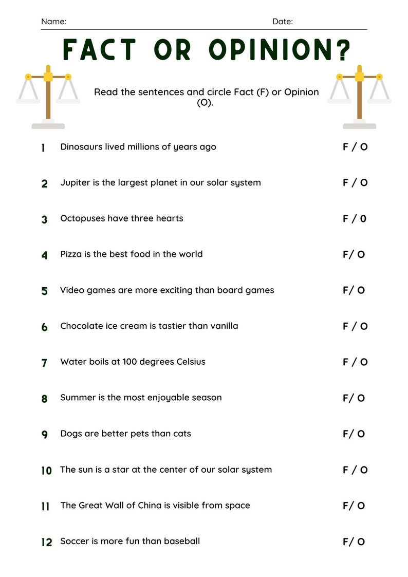 Fact or Opinion Activity - Etsy