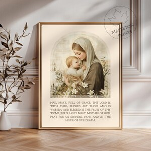 Hail Mary Prayer Print | Printable Vintage Mary and Jesus Painting ...