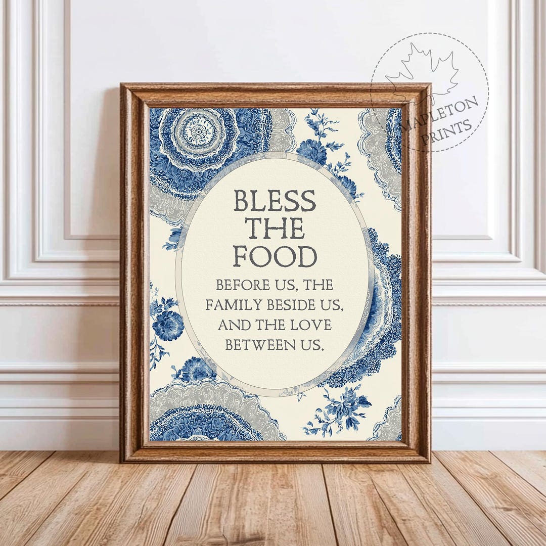 Bless the Food Wall Art, Printable Kitchen Prayer Print, Blue Floral ...