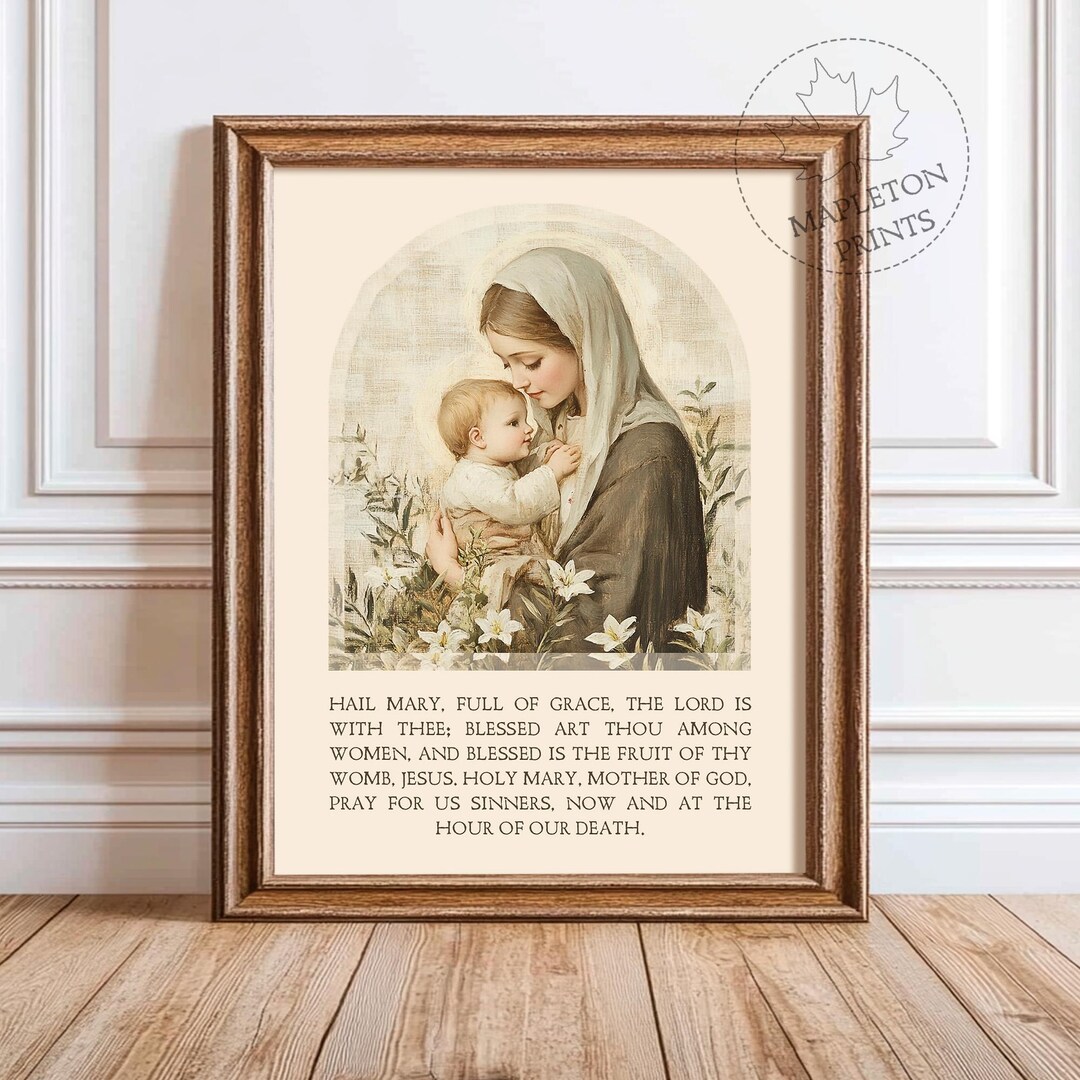 Hail Mary Prayer Print | Printable Vintage Mary and Jesus Painting ...