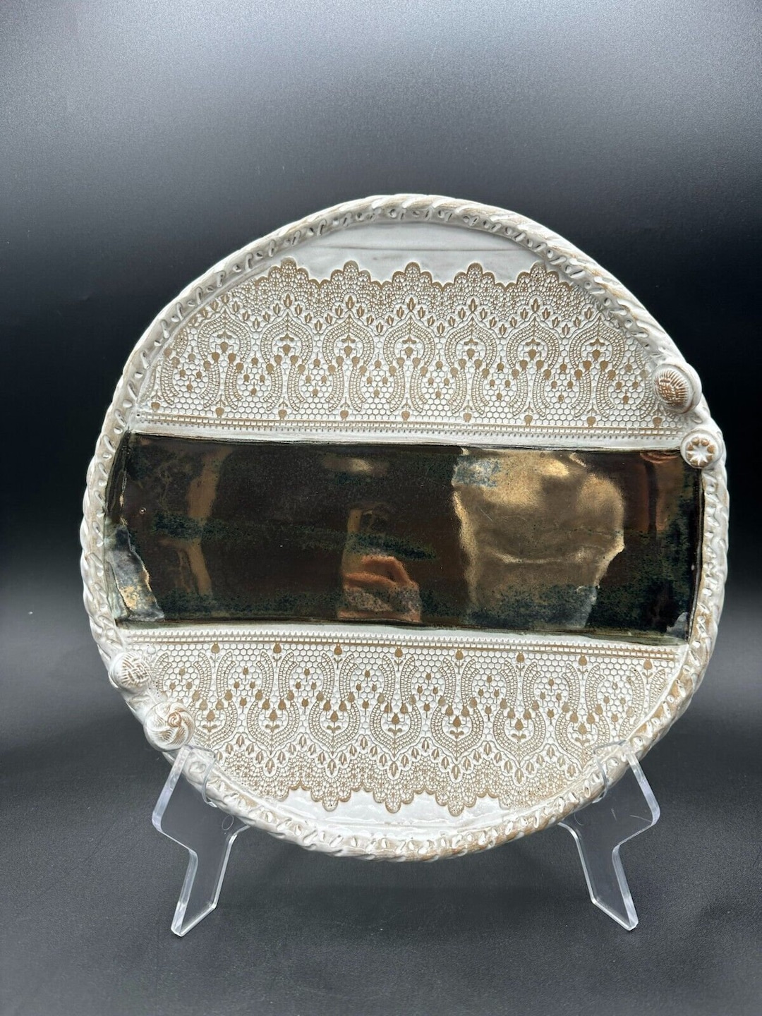 Handmade White Textile Pottery Plate With Lace and Metal Signed Vi - Etsy