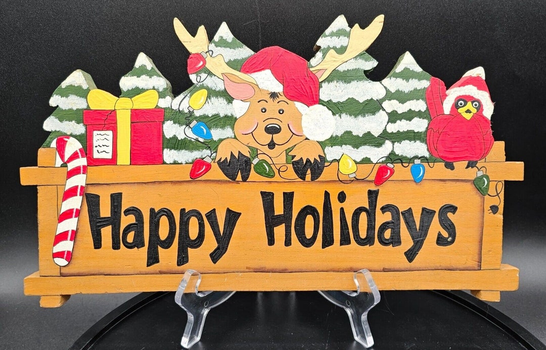 Handmade Happy Holidays Wood Sign With Reindeer and Bird Signed With ...
