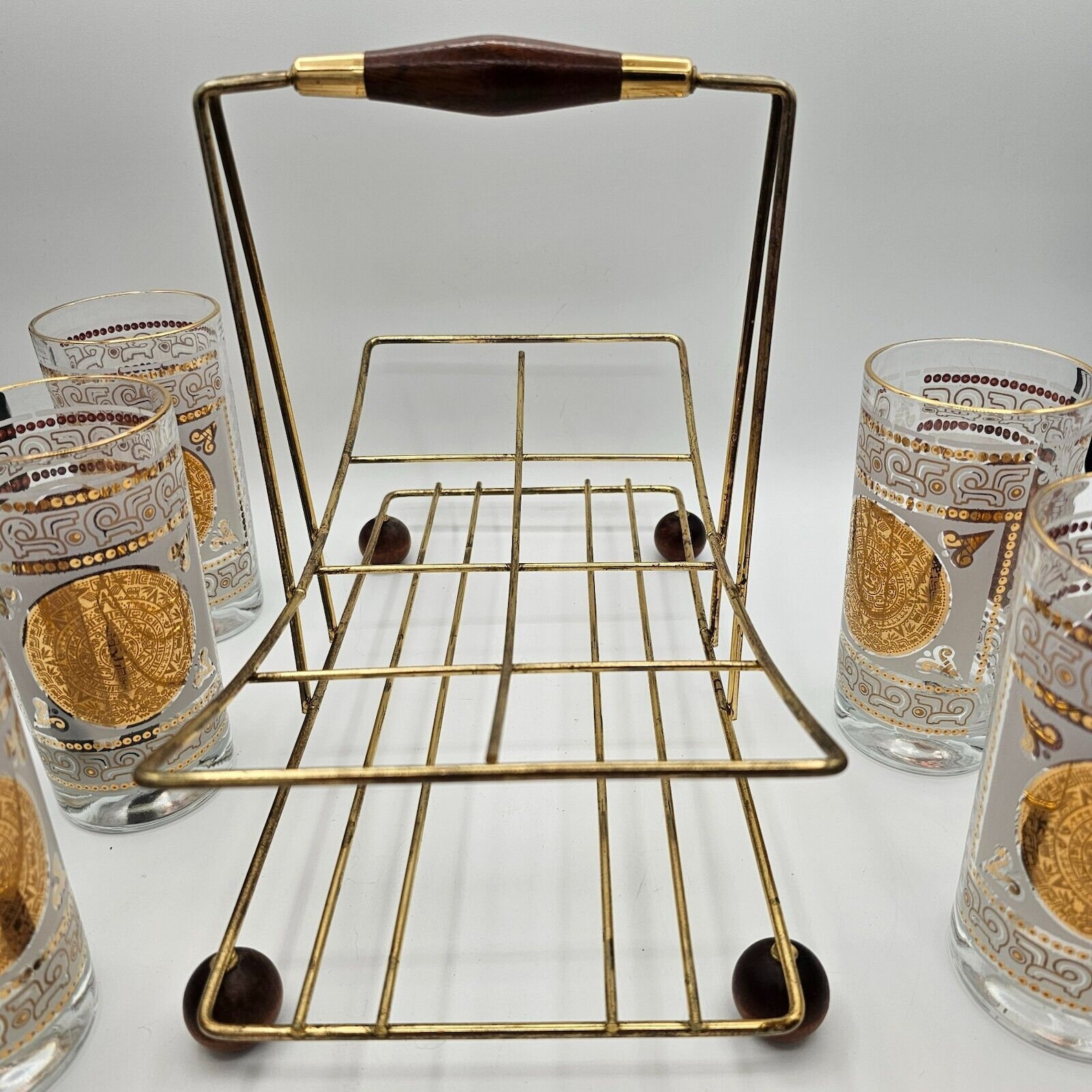 Hazel Atlas Gold Medallion Aztec Calendar Set of 8 Highball Glasses ...
