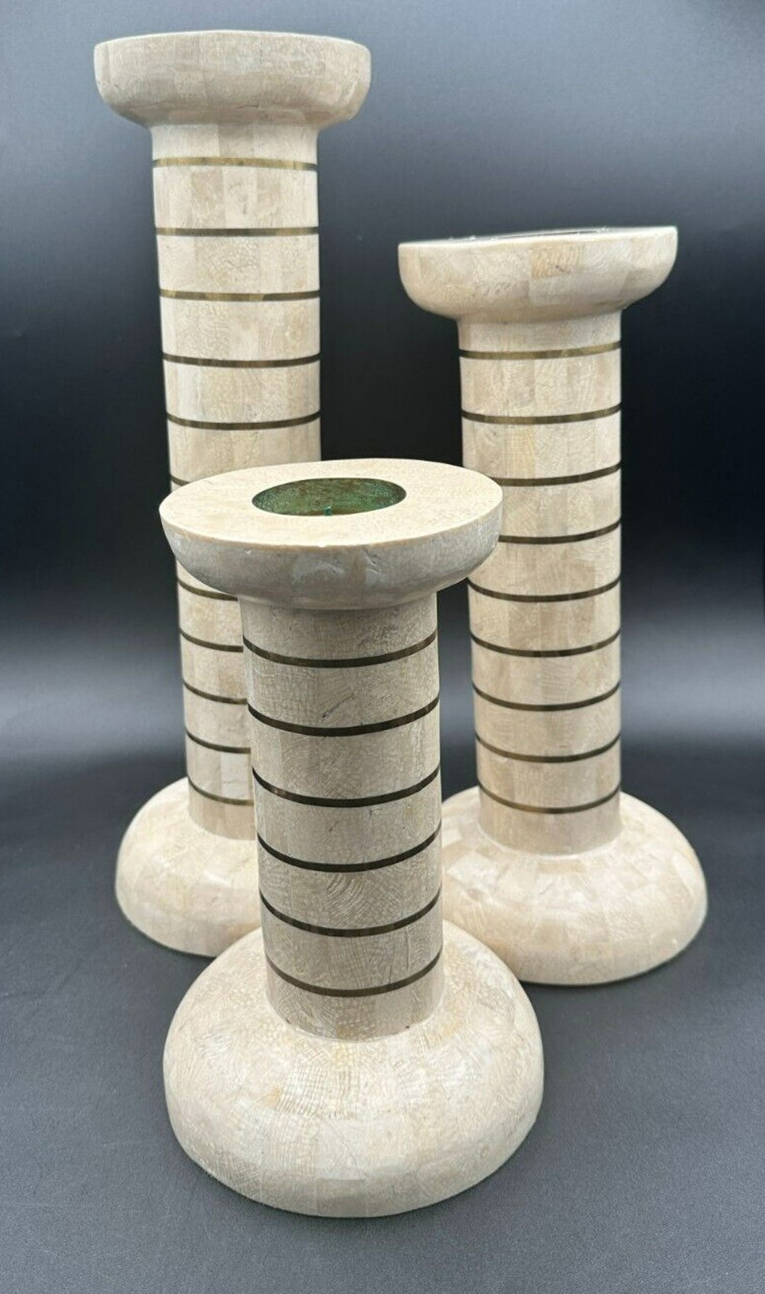 Tessellated Stone and Brass Candlesticks Casa Bique Set of 3 - Etsy