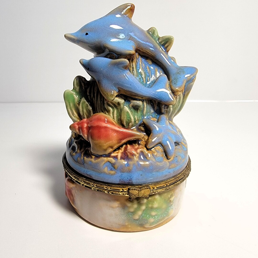 Dolphin Porcelain Hinged Trinket Box - Etsy