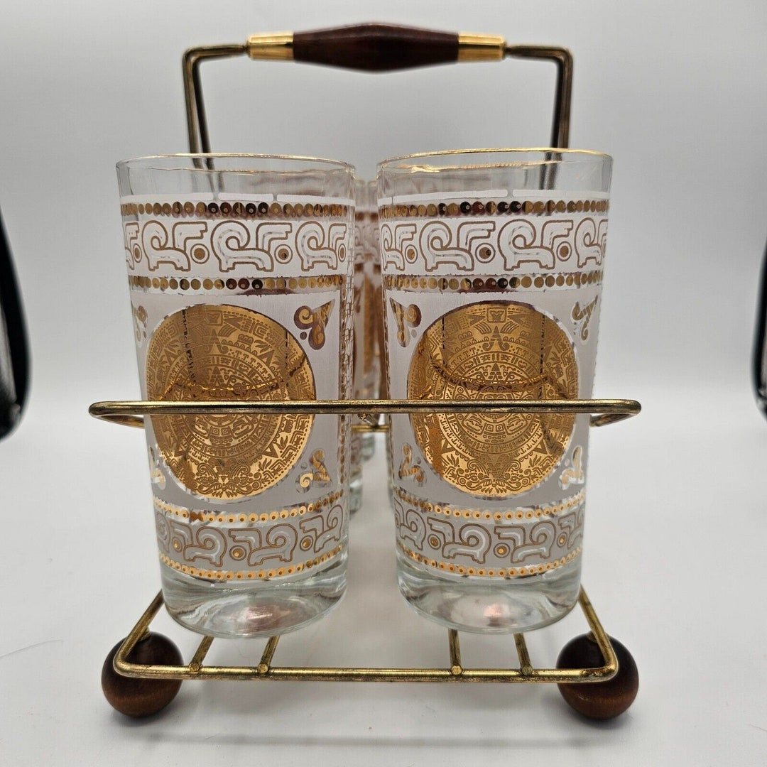 Hazel Atlas Gold Medallion Aztec Calendar Set of 8 Highball Glasses ...