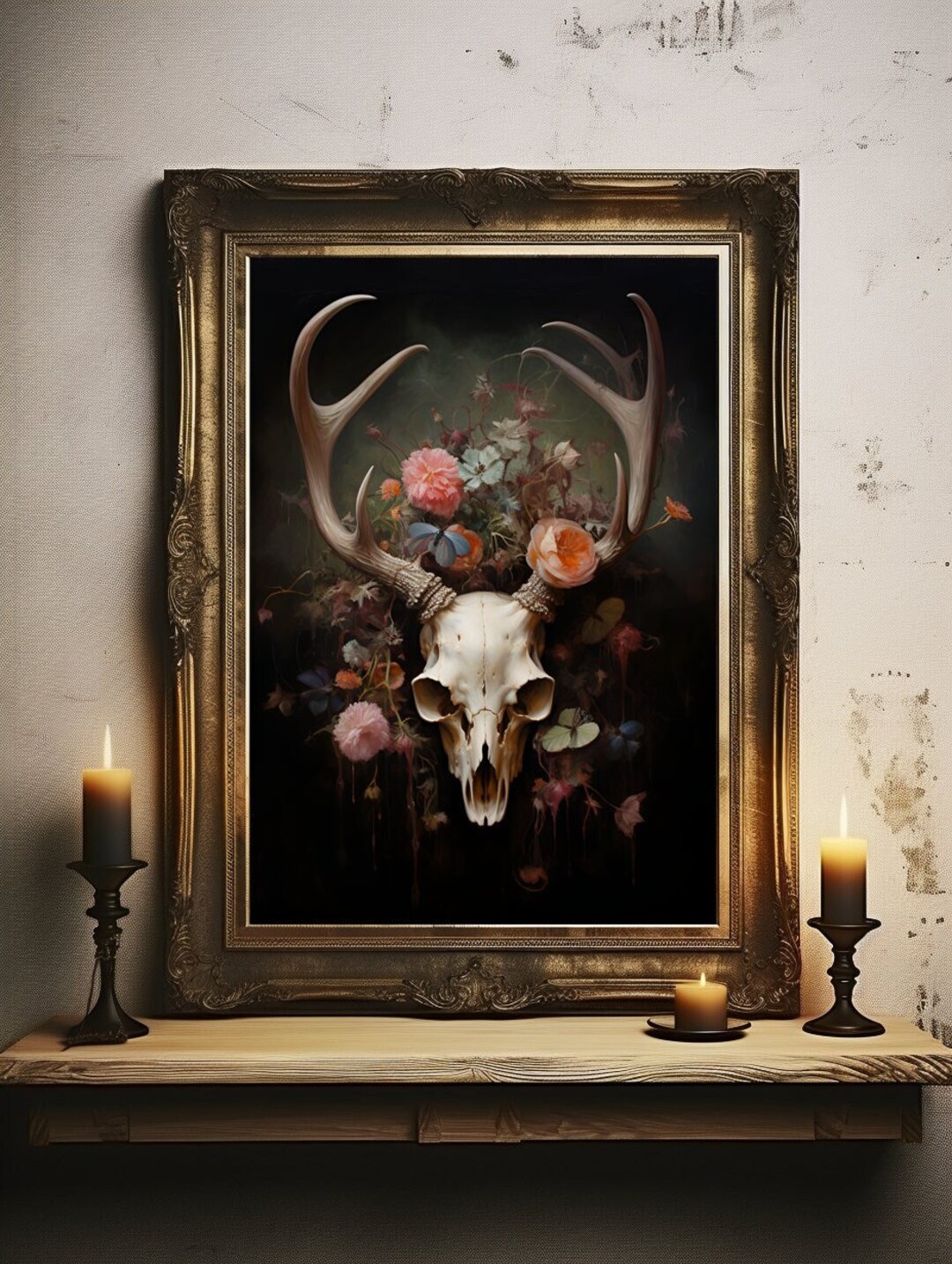Deer Skull Wall Art, Deer Skull With Flowers, Dark Cottagecore, Gothic ...