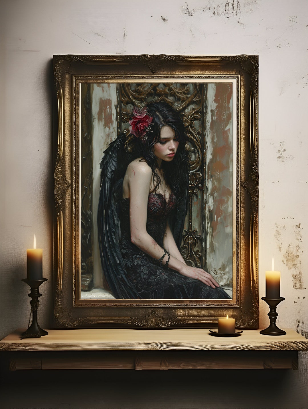 Gothic Angel Print, Dark Elegant Poster, Goth Art Oil Painting, Gift ...
