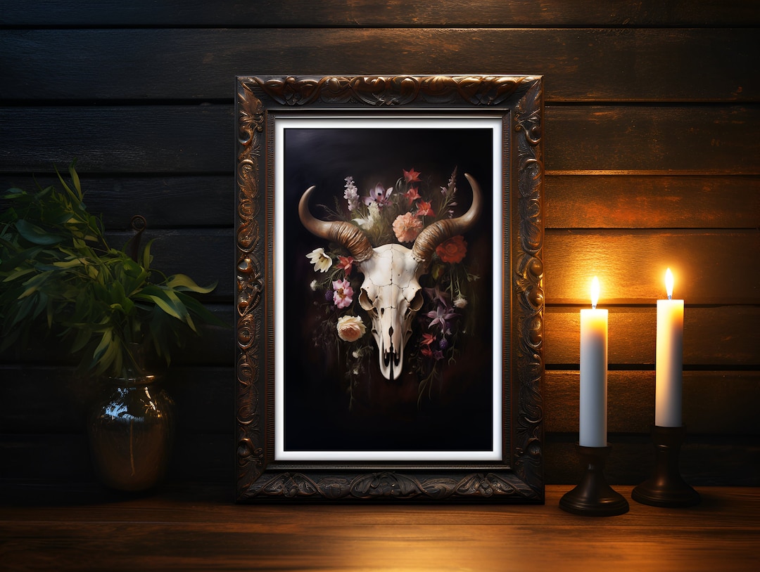Cow Skull Wall Art, Cow Skull With Flowers, Dark Cottagecore, Gothic ...