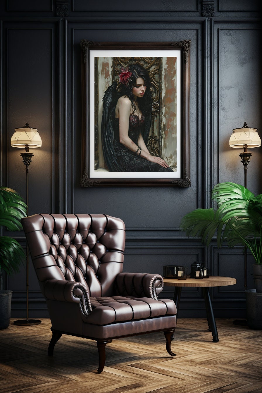Gothic Angel Print, Dark Elegant Poster, Goth Art Oil Painting, Gift ...