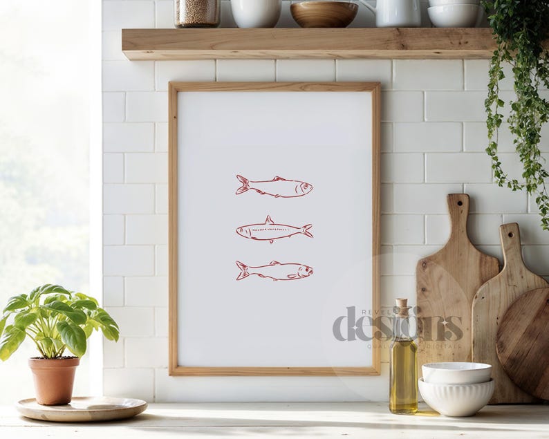 Red Line Art Fish Print: Minimalist Nautical Kitchen Decor (digital ...