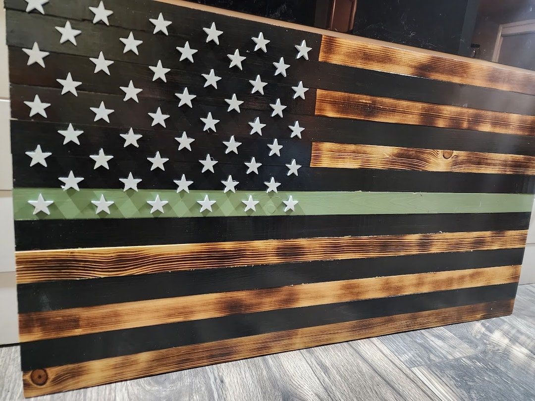 Custom Made Wooden Military Green Line American Flag - Etsy