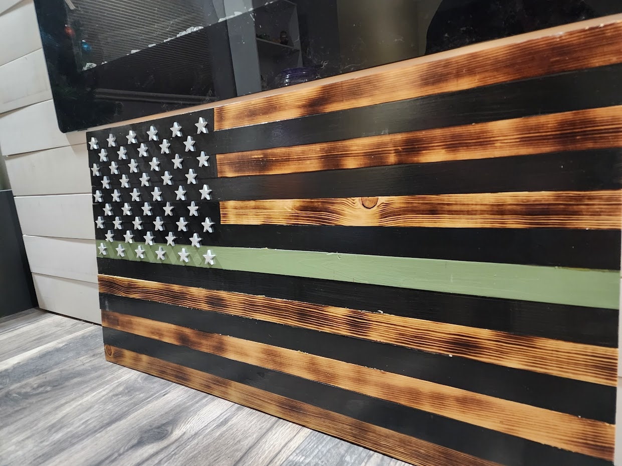 Custom Made Wooden Military Green Line American Flag - Etsy