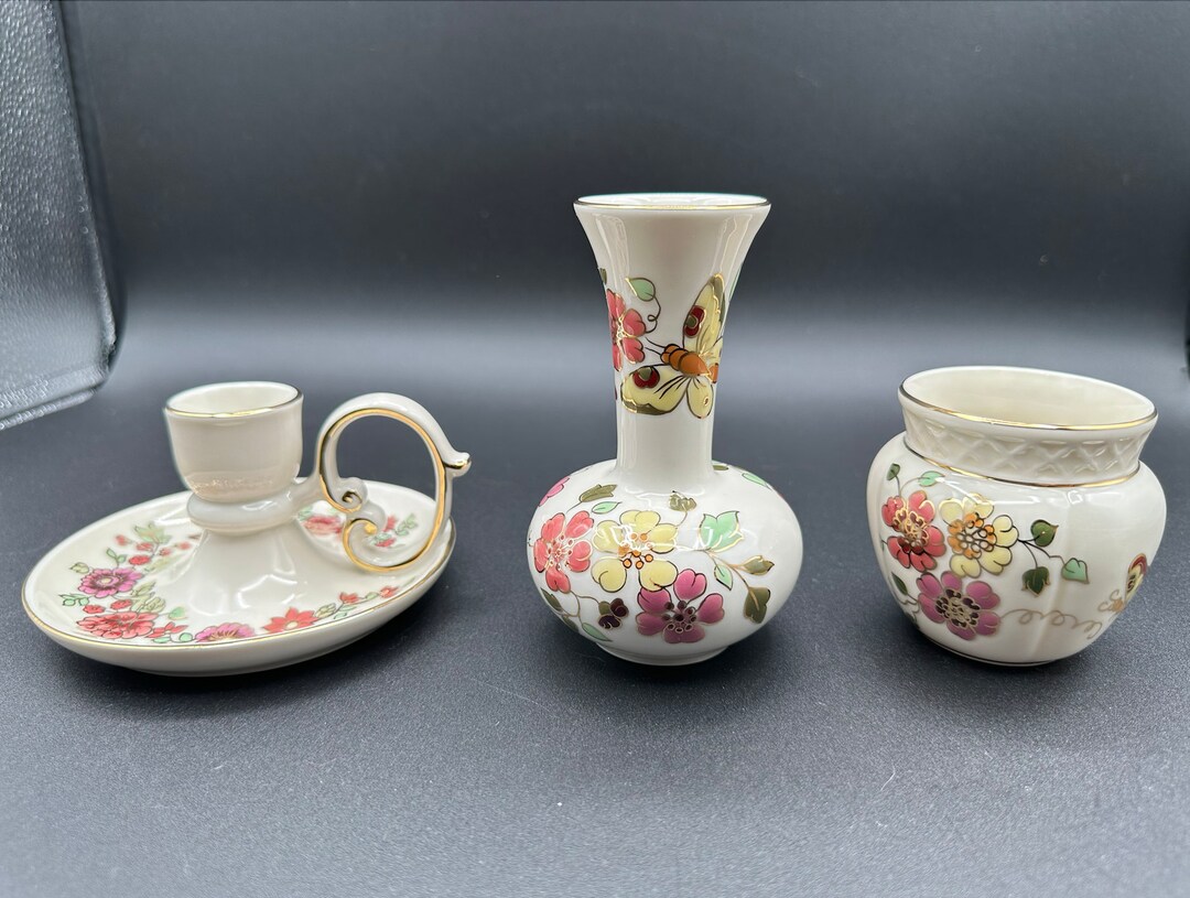 RARE ZSOLNAY HUNGARY Set of 3 Hand Painted Porcelain Pieces: Bud Vase ...