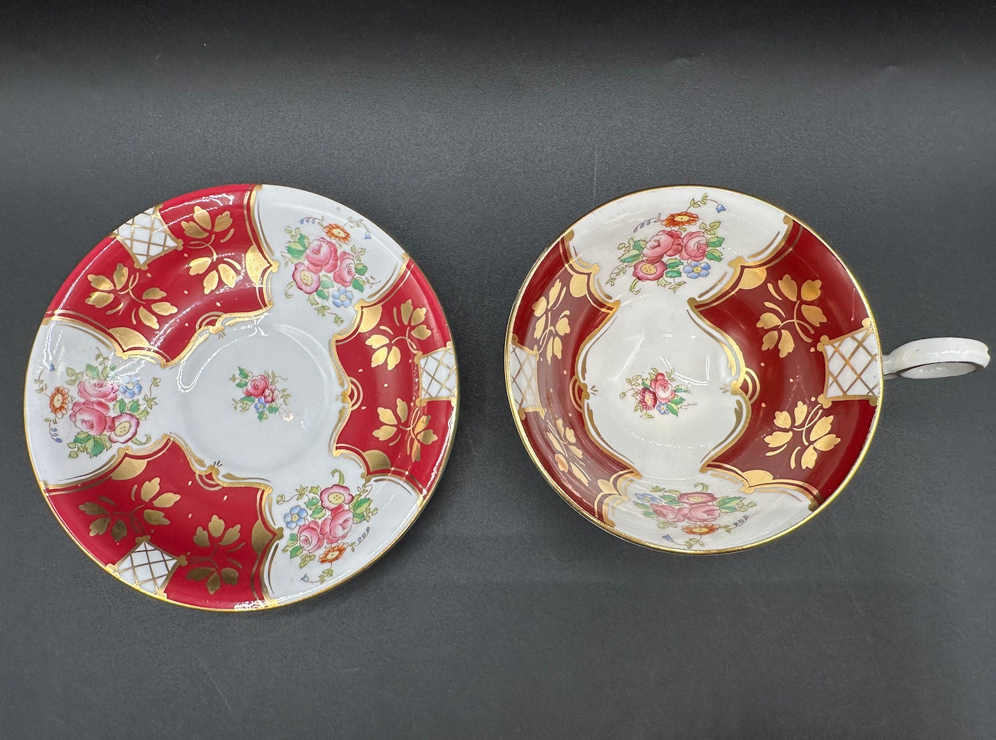 Radfords Fenton Bone China Tea Cup and Saucer: Maroon Floral, Gold ...