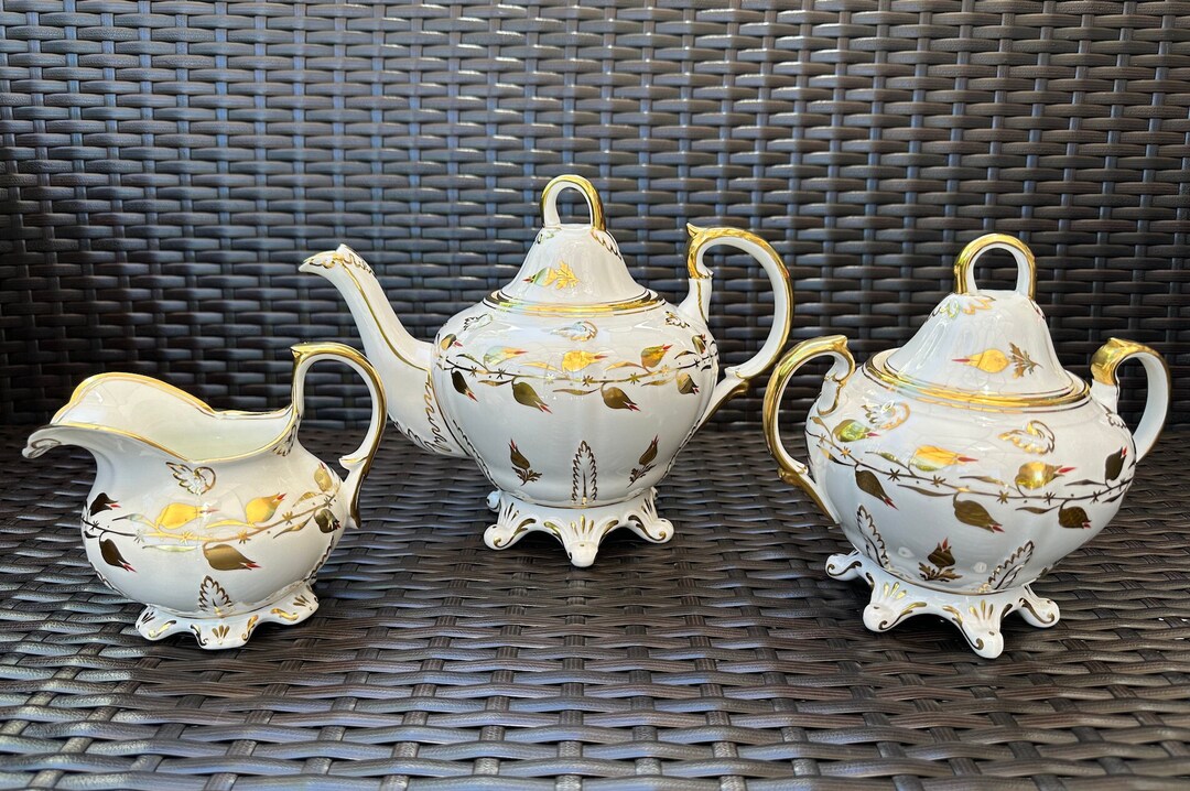 Chelsea Bone China Trio Set: Teapot, Creamer & Sugar Bowl, Golden Red ...