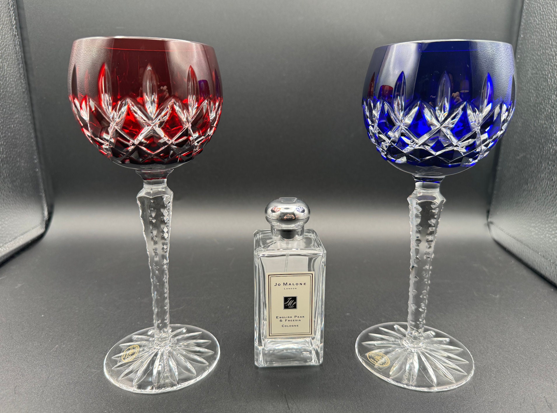 Rare Pair of NEW Beautiful Hungarian Cut Crystal 8.5h Wine Goblets, Red & Blue, Pristine ...
