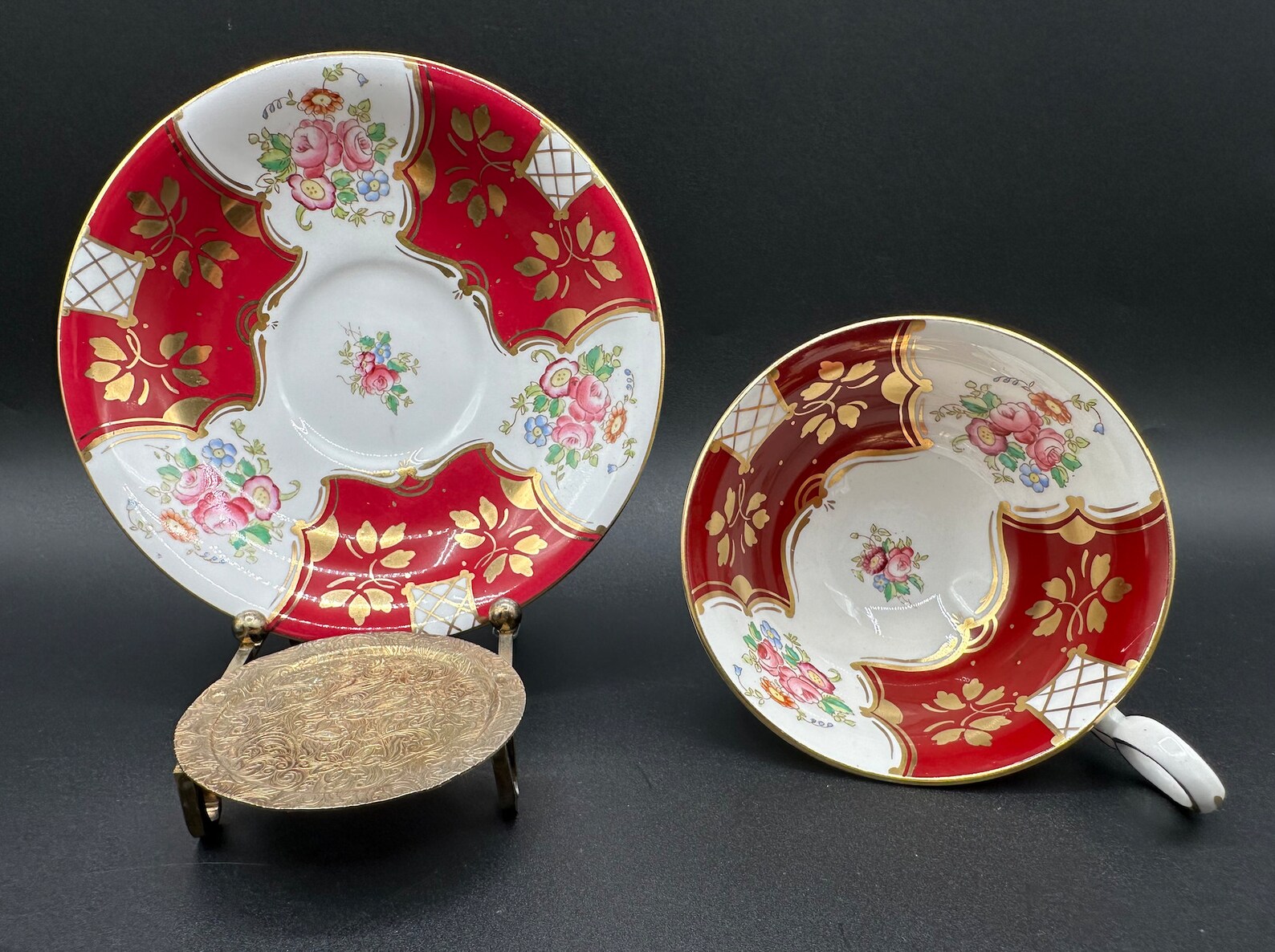 Radfords Fenton Bone China Tea Cup and Saucer: Maroon Floral, Gold ...