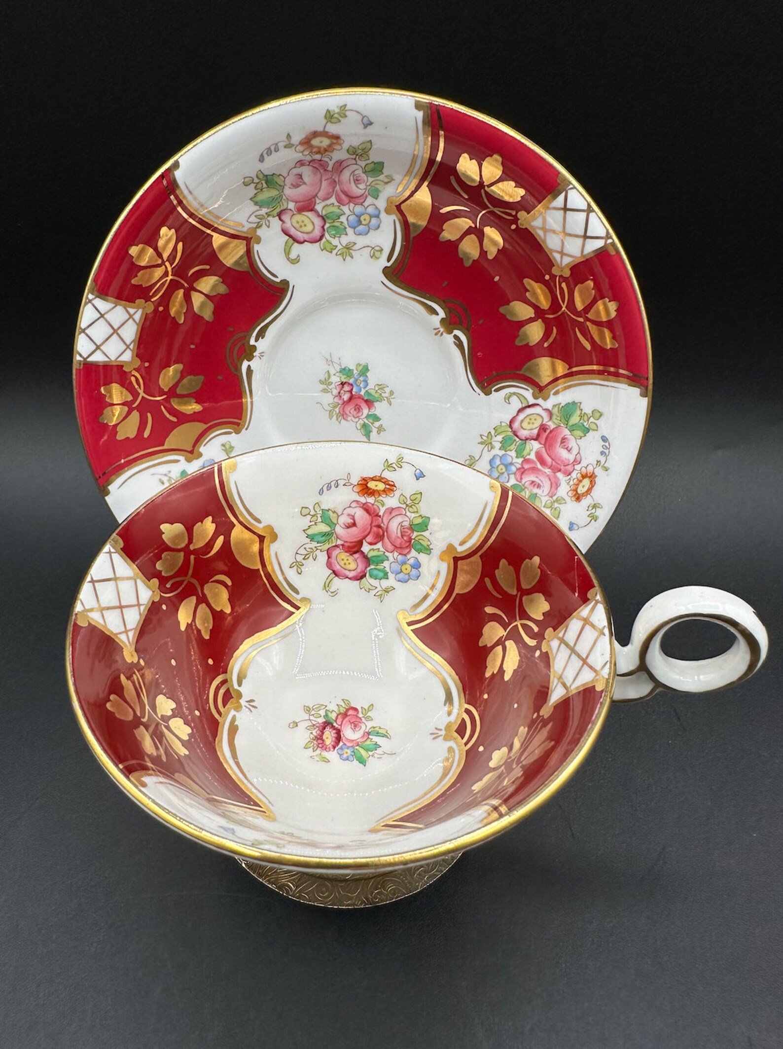 Radfords Fenton Bone China Tea Cup and Saucer: Maroon Floral, Gold ...