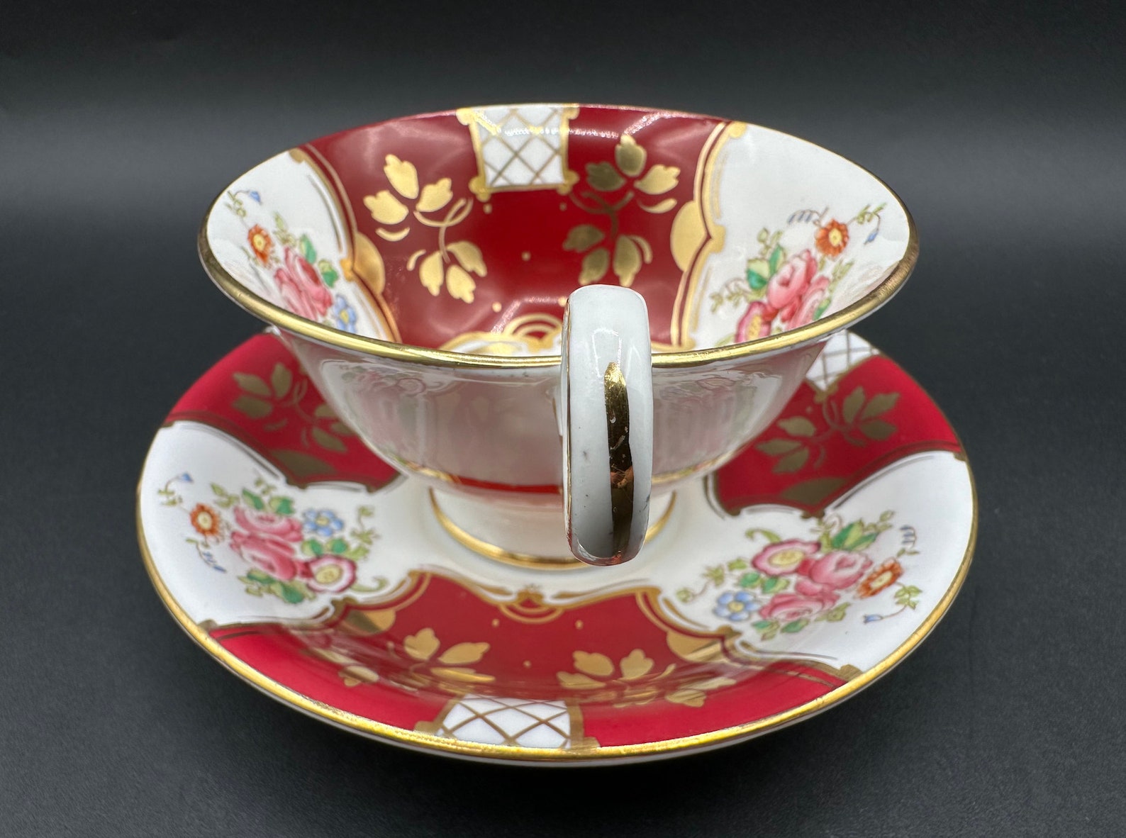 Radfords Fenton Bone China Tea Cup and Saucer: Maroon Floral, Gold ...