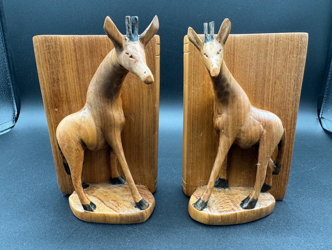 Pair of Gorgeous Vtg Wooden Giraffe Bookends 6" Tall Hand Carved in ...
