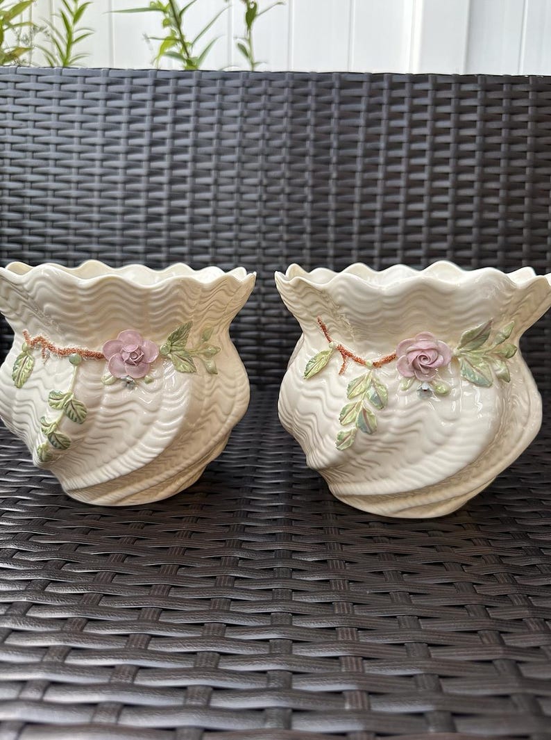Rare Belleek Pottery Flower Pots: Archive Collection, Applied Flowers ...