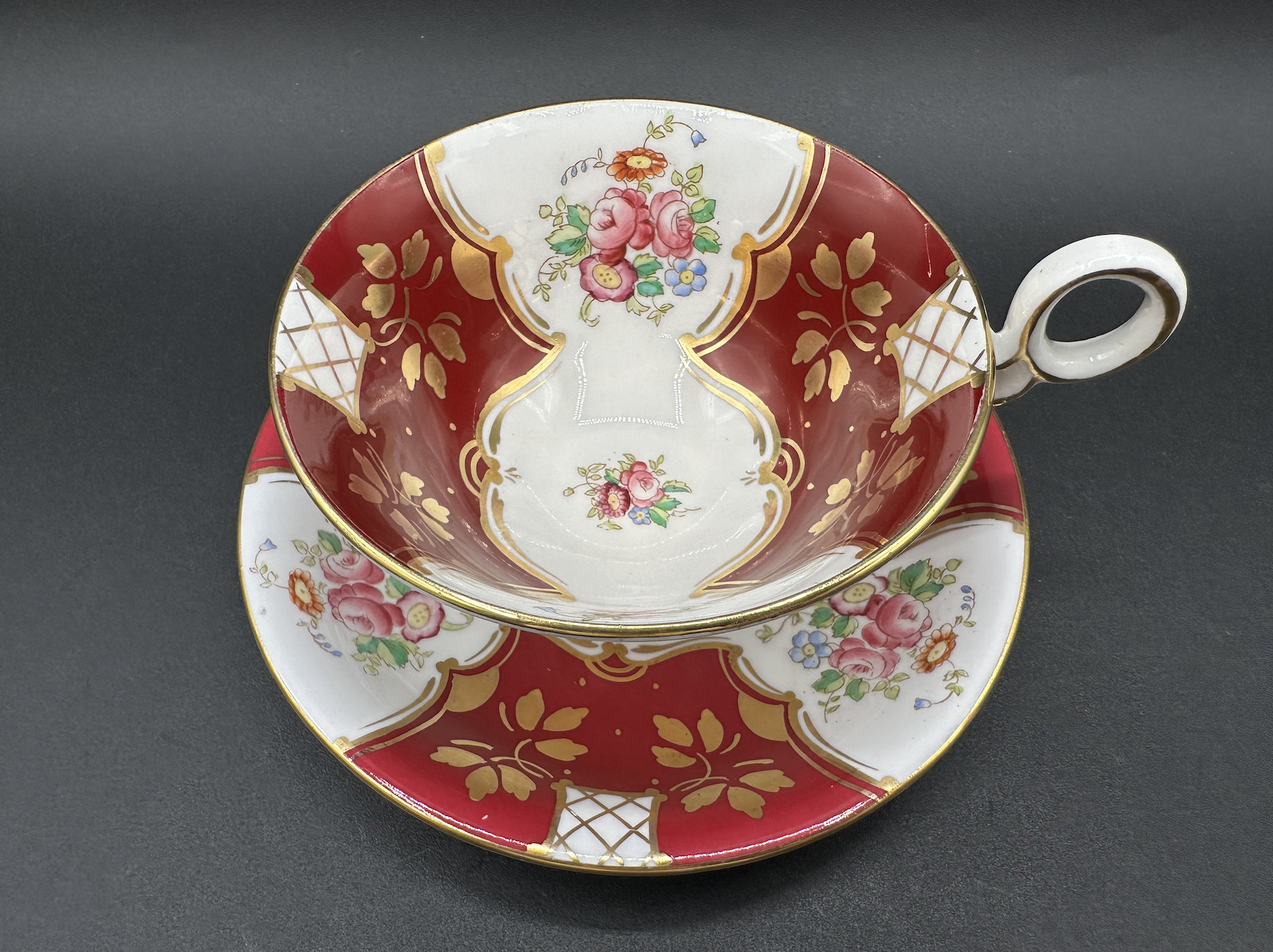 Radfords Fenton Bone China Tea Cup and Saucer: Maroon Floral, Gold ...