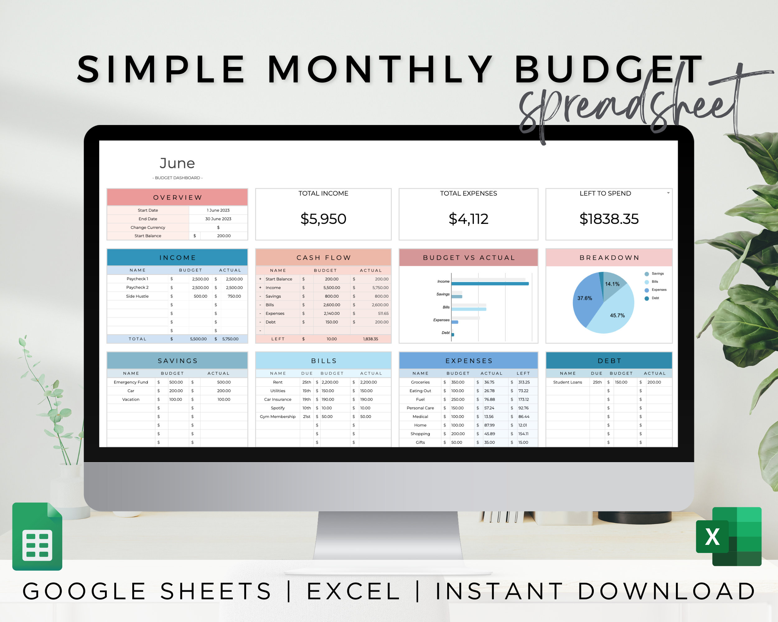 Simple Monthly Budget Spreadsheet for Google Sheets Excel Monthly ...