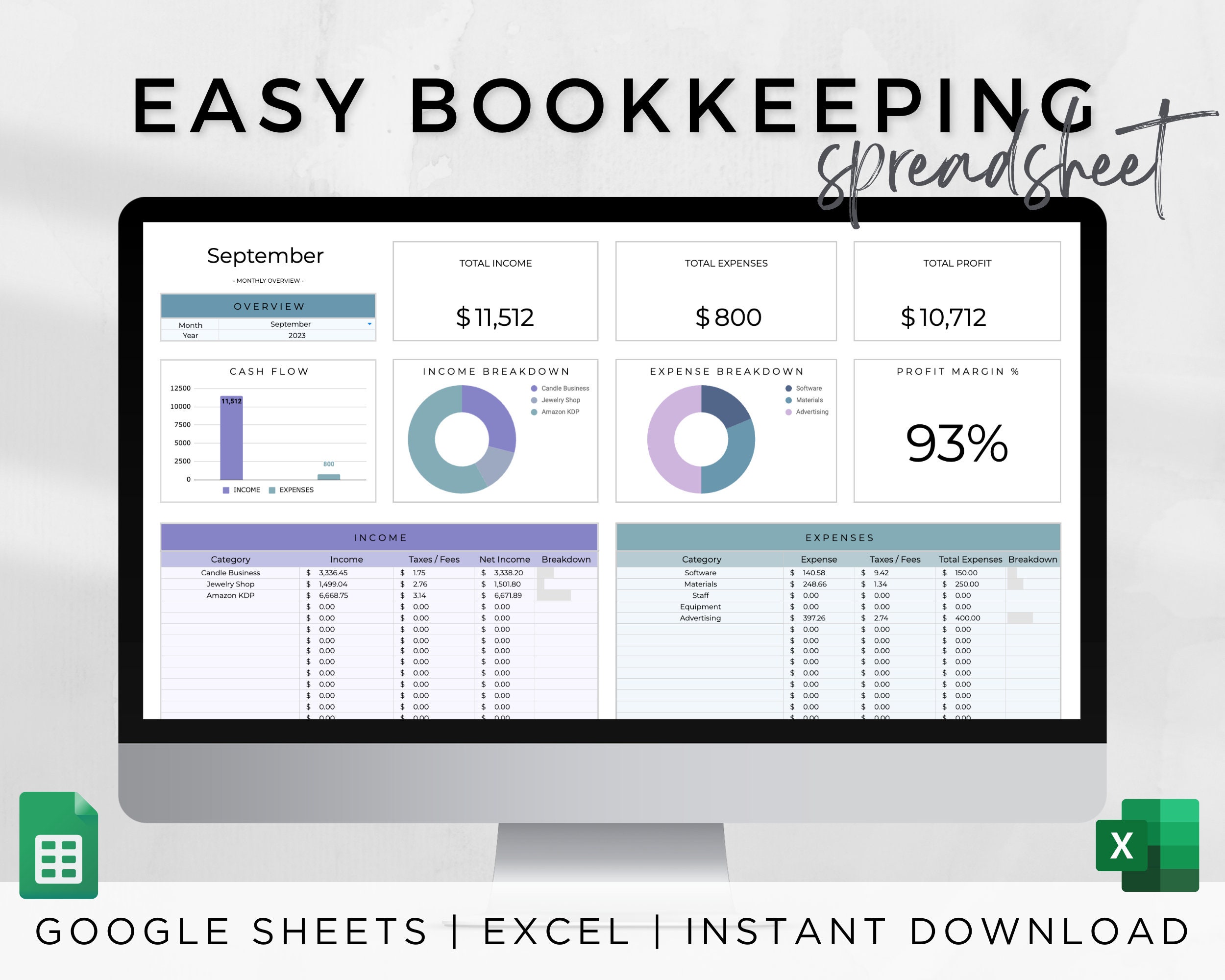 Small Business Bookkeeping Spreadsheet, Excel Budget Template, Google ...