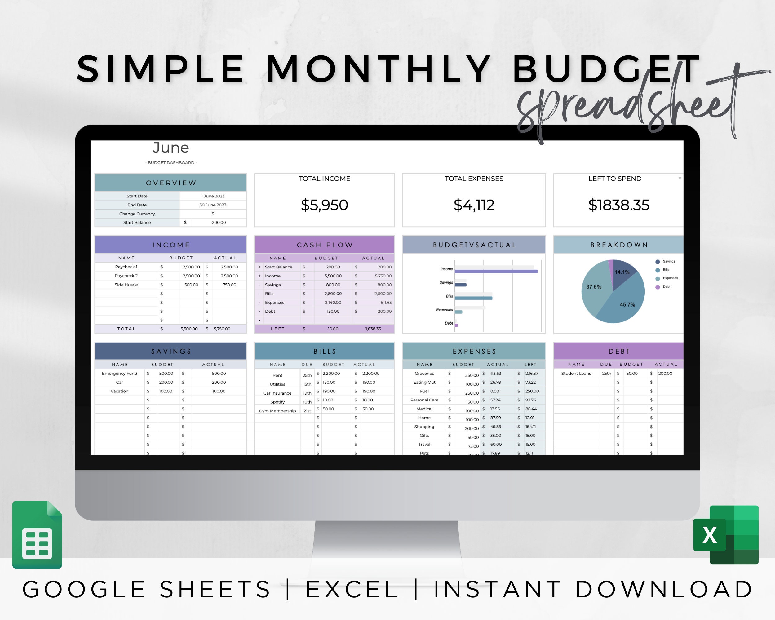 Simple Monthly Budget Spreadsheet for Google Sheets Excel Monthly ...