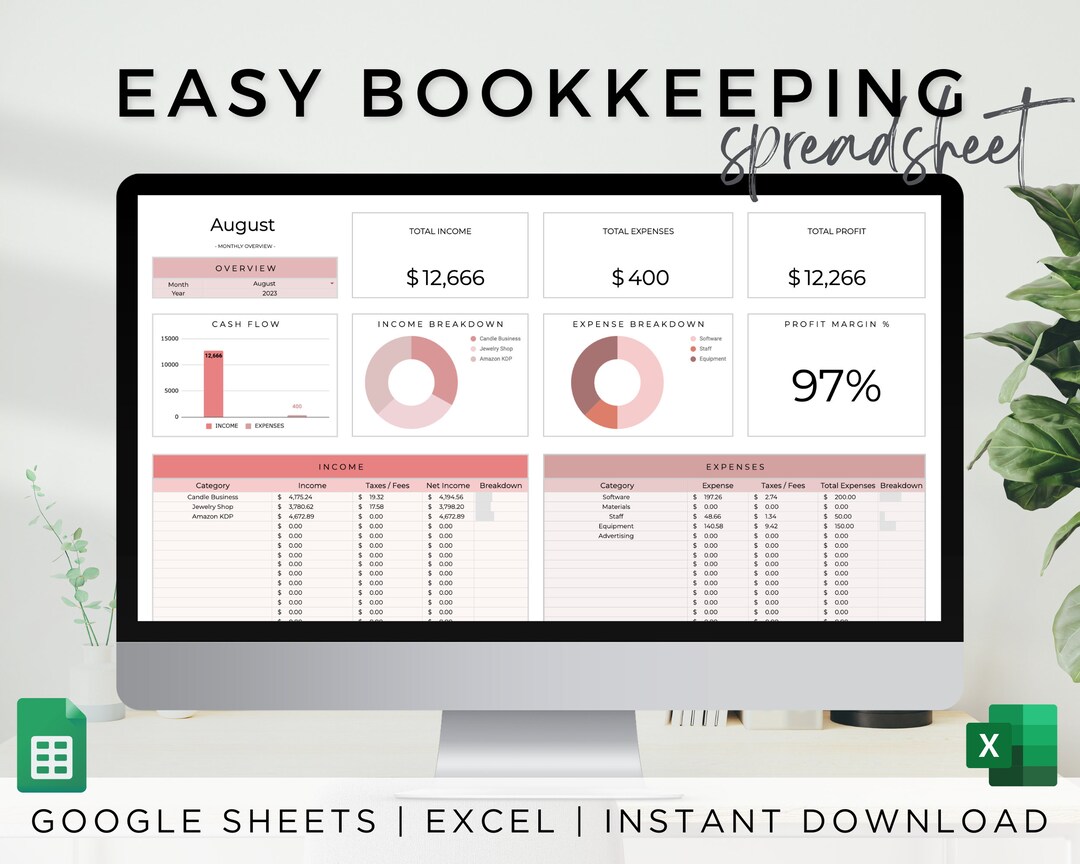 Small Business Bookkeeping Spreadsheet, Excel Budget Template, Google ...