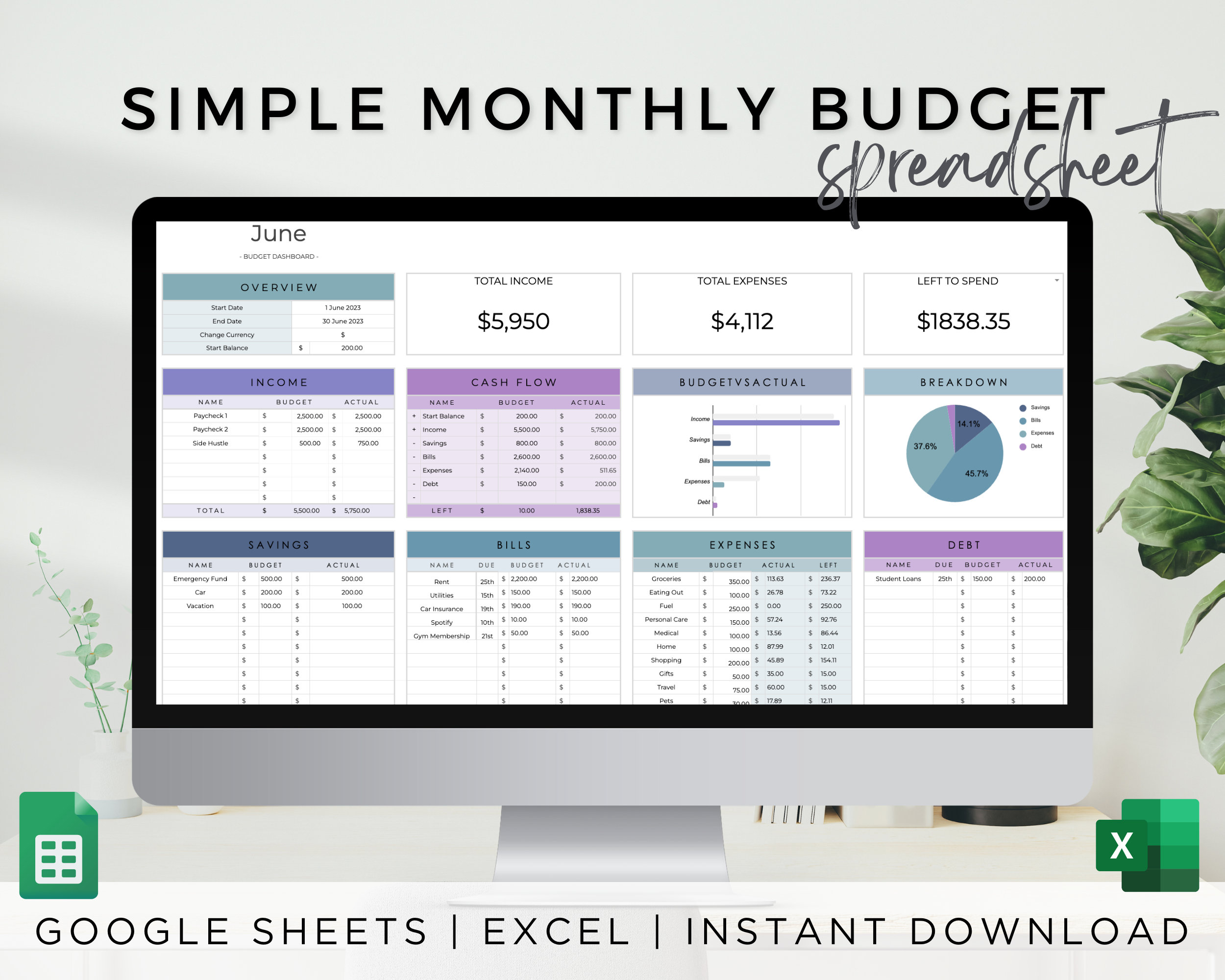 Simple Monthly Budget Spreadsheet for Google Sheets Excel Monthly ...