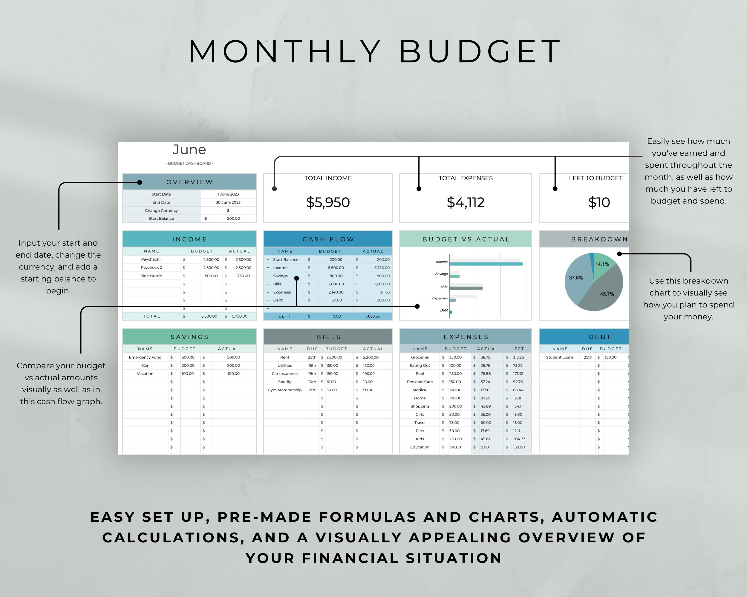 Simple Monthly Budget Spreadsheet for Google Sheets Excel Monthly ...