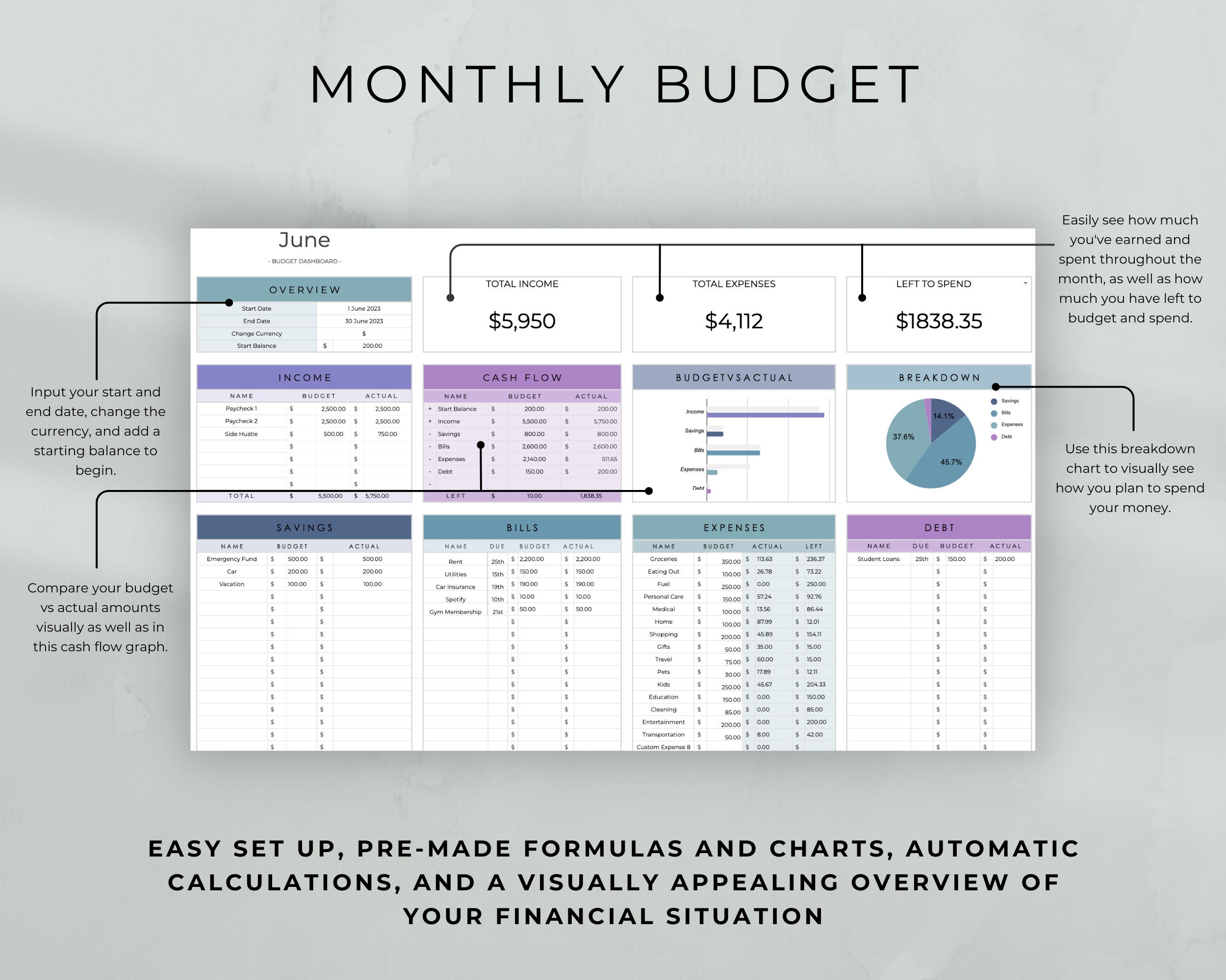 Simple Monthly Budget Spreadsheet for Google Sheets Excel Monthly ...