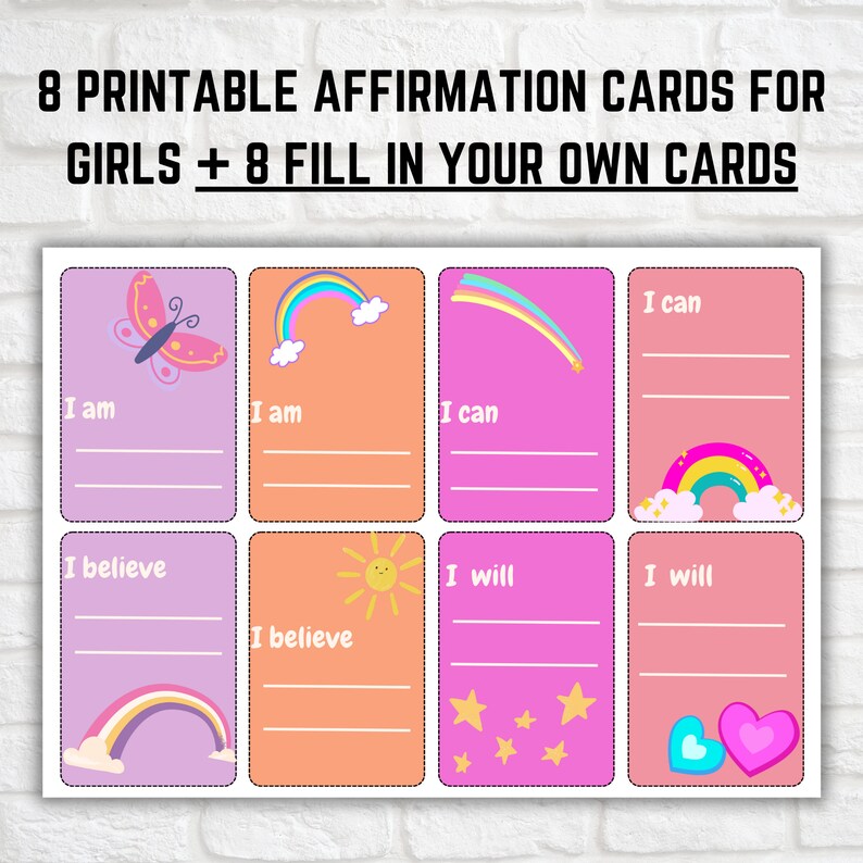 8 Printable Affirmation Cards for Girls + 8 Fill in Your Own Cards - Etsy