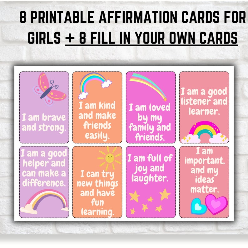 8 Printable Affirmation Cards for Girls + 8 Fill in Your Own Cards - Etsy