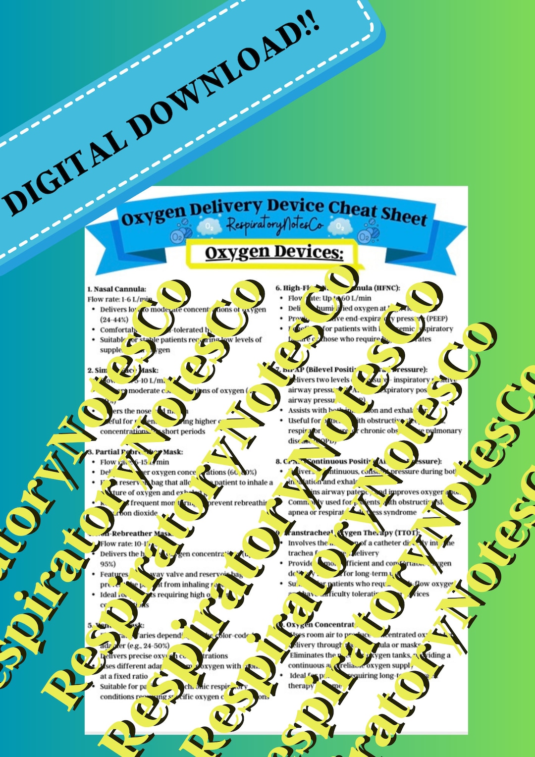 Oxygen Delivery Device Cheat Sheet for Respiratory Therapists and Nurse ...
