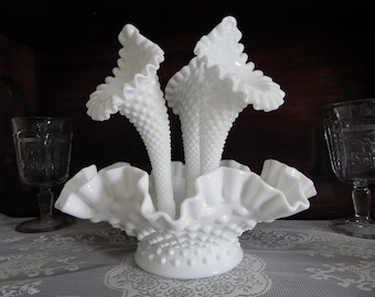 Vintage Fenton Epergnette Hobnail Milk Glass 3 Horn Vase - Excellent ...