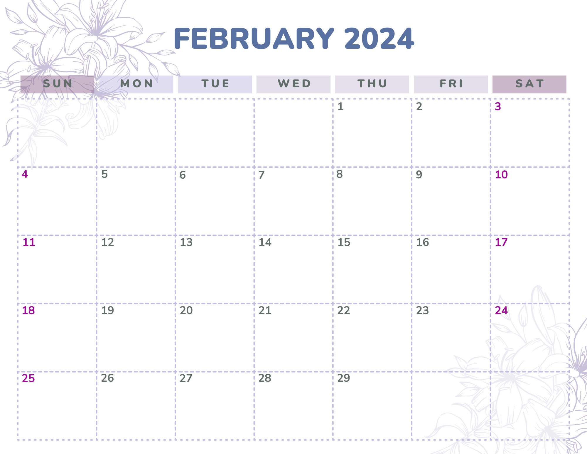 Lavender Calendar Printable - Etsy