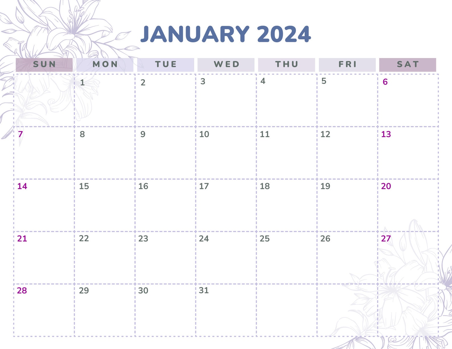 Lavender Calendar Printable - Etsy