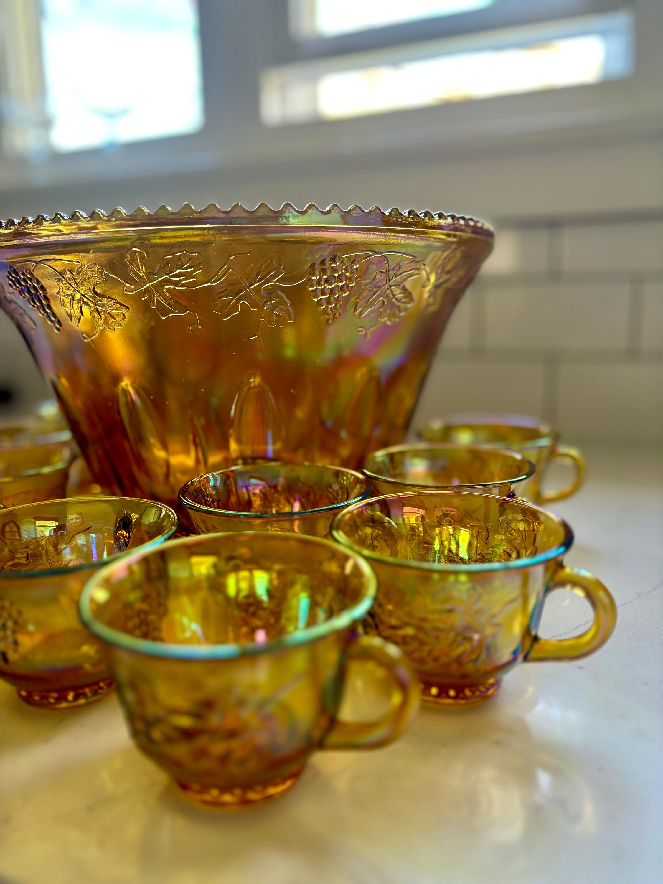 Vintage Amber Opalescent Carnival Glass Punch Bowl With 12 Punch Mugs ...