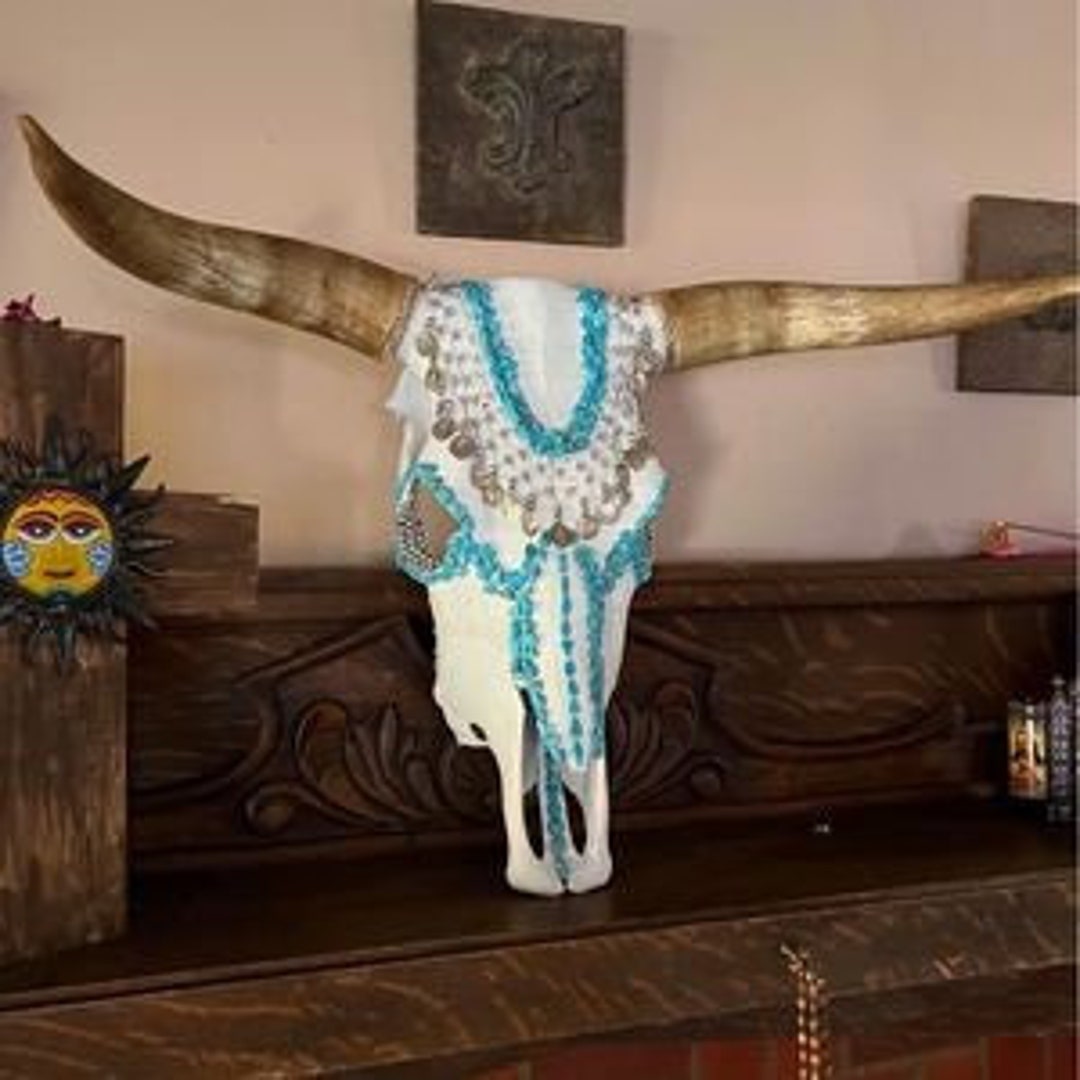 WESTERN SKULL Turquoise and Silver Mosaic and Hemp Rope Accent Wall ...