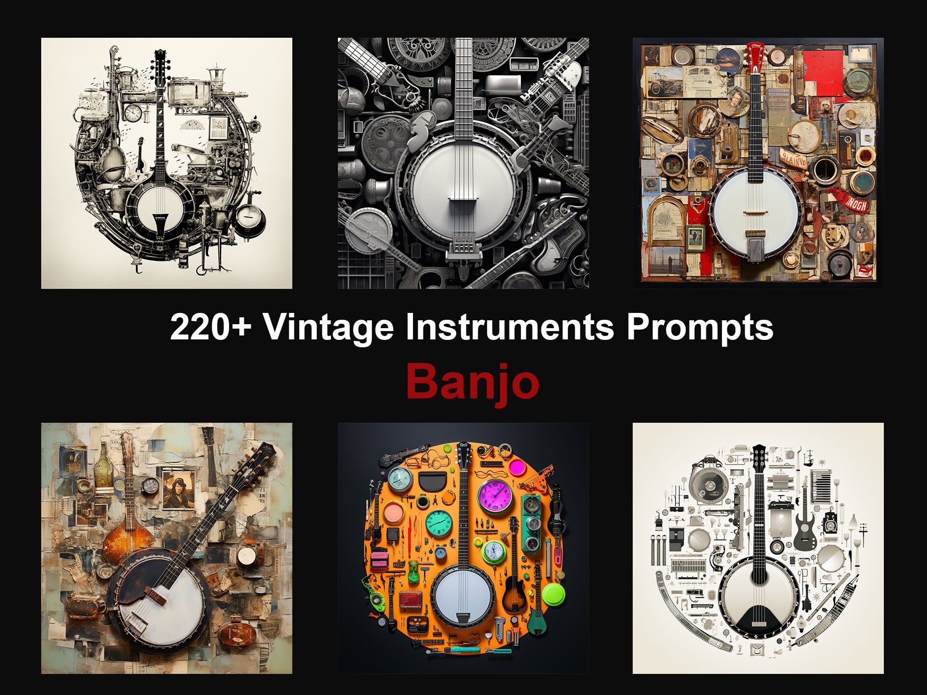Vintage Instruments guitars-drums-violins-banjo-piano Wall Art Prompts ...