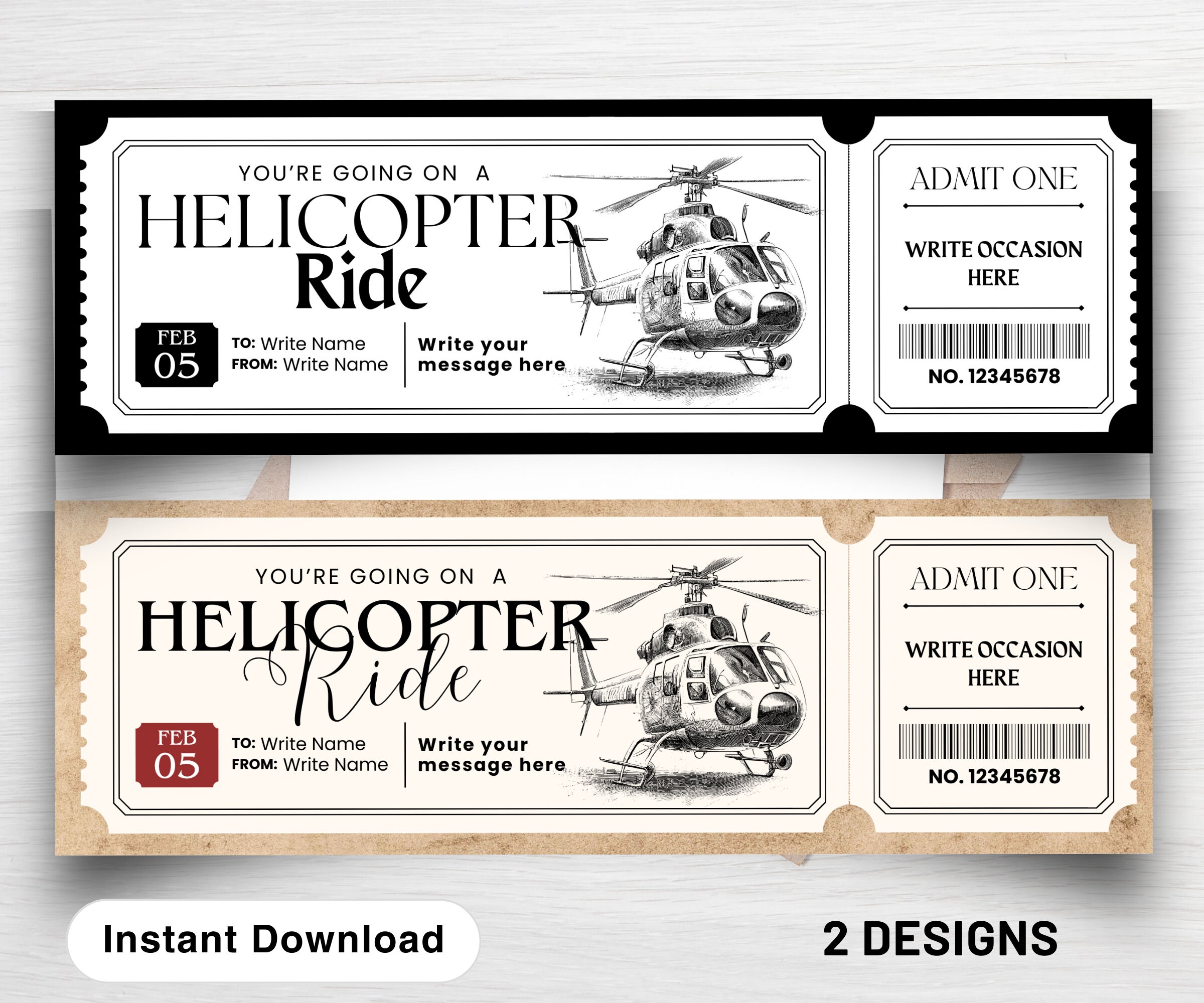 Printable HELICOPTER RIDE Surprise Reveal Ticket, Gift Voucher ...