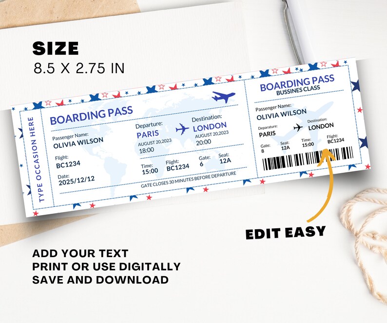 Editable Boarding Pass Canva Template, Printable Airline Ticket ...