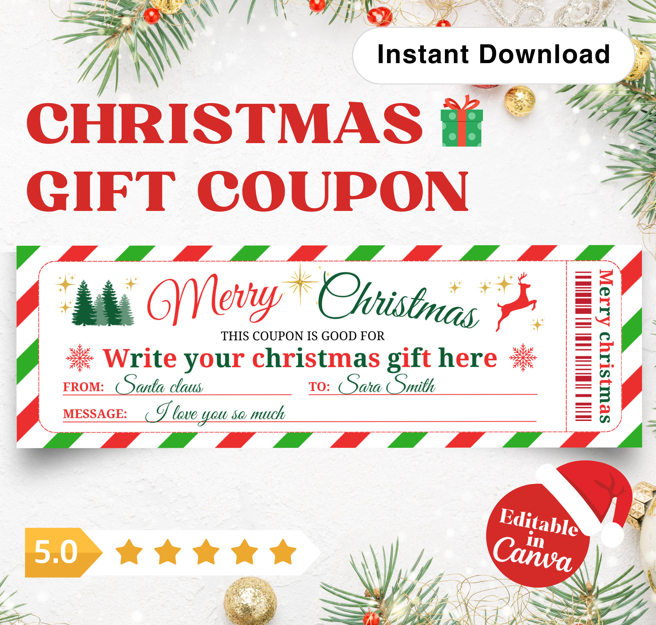Editable Christmas Coupon Canva Template, Christmas Gift Card, Editable ...