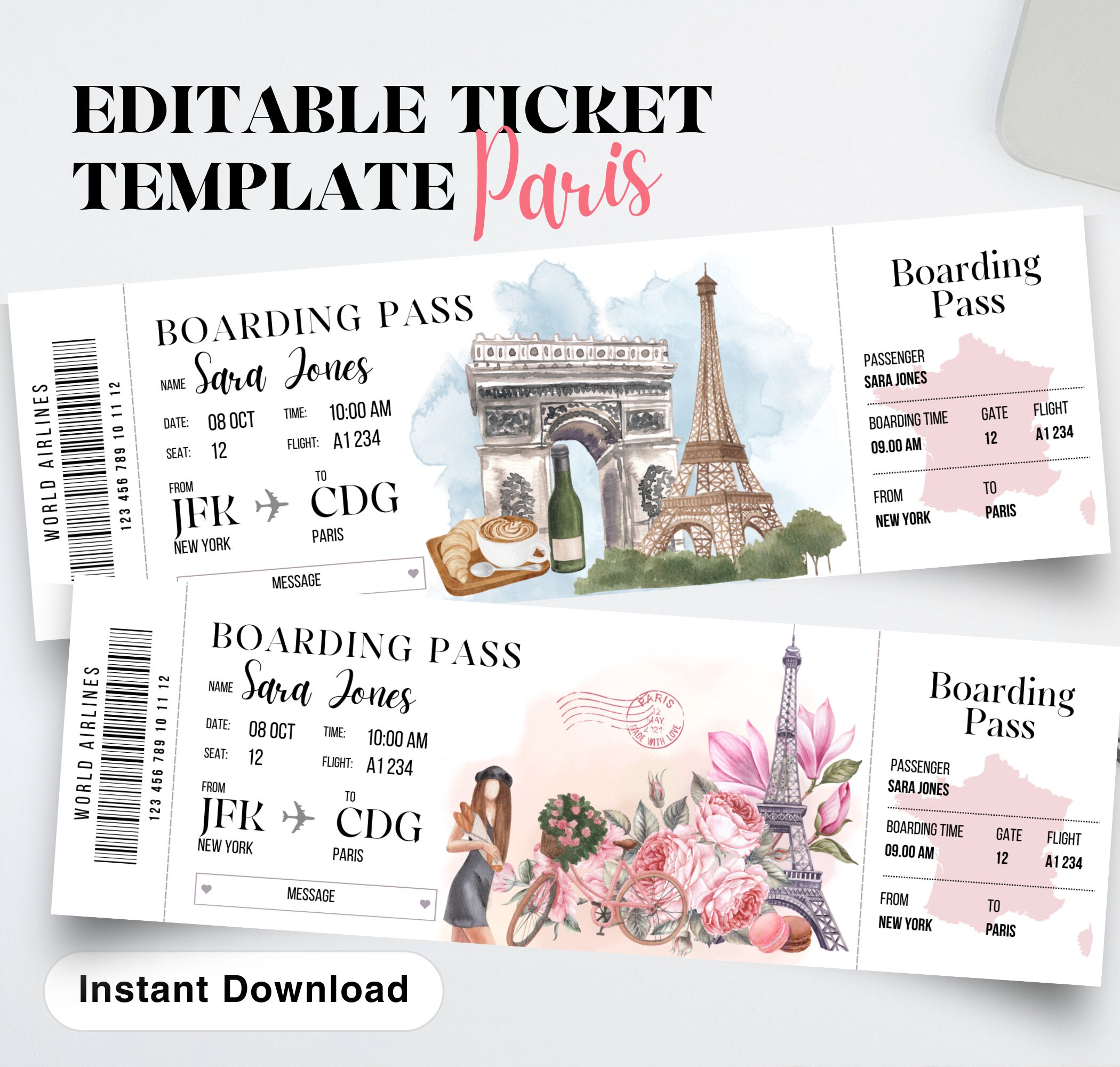 Editable Ticket Template Paris Surprise Boarding Pass Ticket, Trip ...